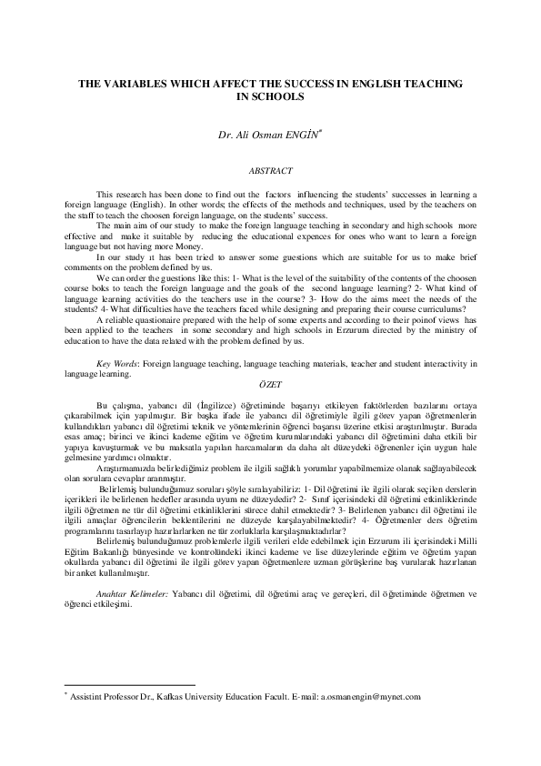 (PDF) The Variables Which Affect the Success in English Teaching in Schools