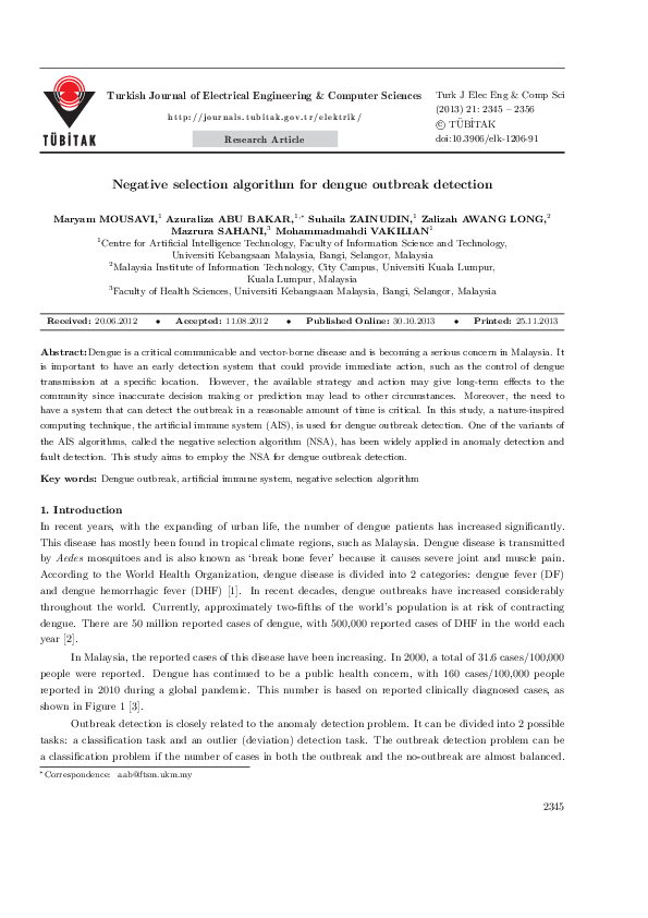 (PDF) Negative selection algorithm for dengue outbreak detection