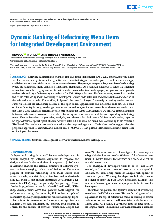 (PDF) Dynamic Ranking of Refactoring Menu Items for Integrated Development Environment