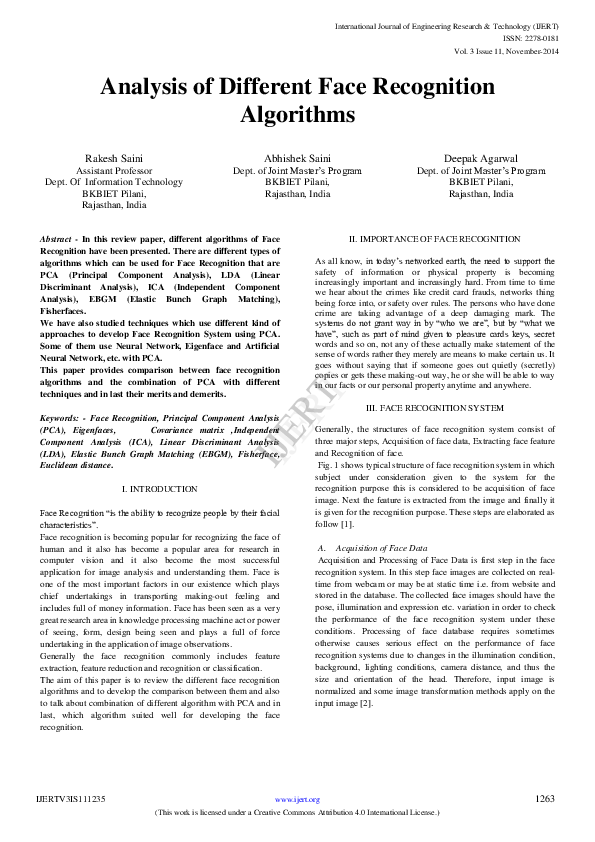 (PDF) Analysis of Different Face Recognition Algorithms