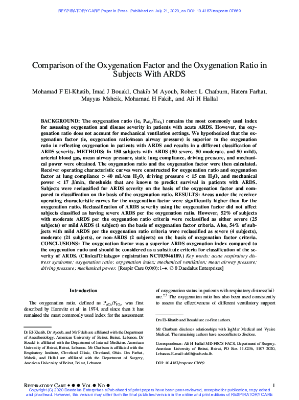 Pdf Comparison Of The Oxygenation Factor And The Oxygenation Ratio In Subjects With Ards Dr