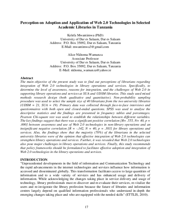 (PDF) Perception on Adoption and Application of Web 2.0 Technologies in Selected Academic ...