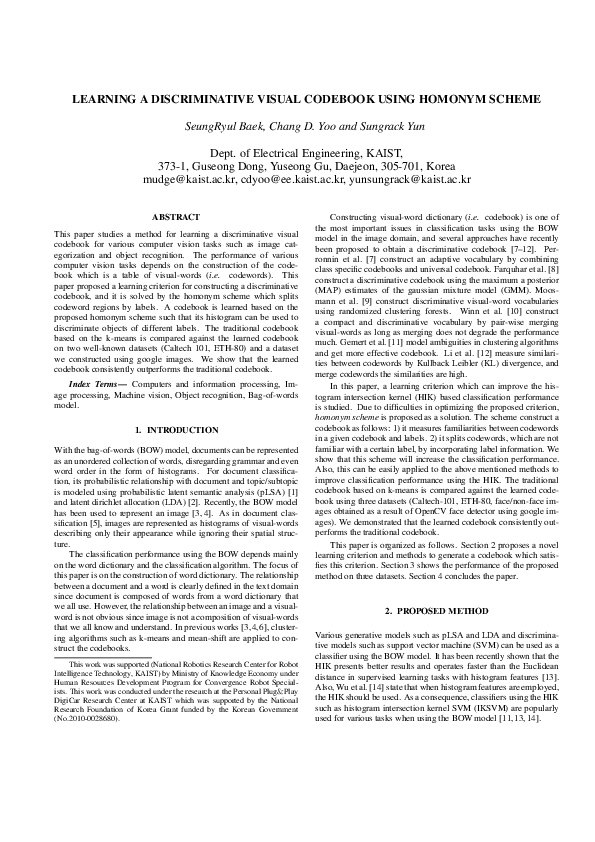 Pdf Learning A Discriminative Visual Codebook Using Homonym Scheme