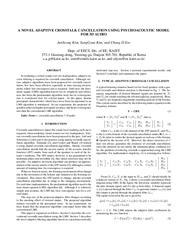 Pdf A Novel Adaptive Crosstalk Cancellation Using Psychoacoustic Model For 3d Audio