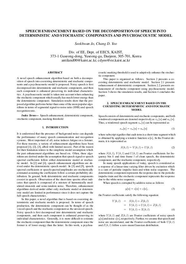 (PDF) Speech Enhancement Based on the Decomposition of Speech Into ...