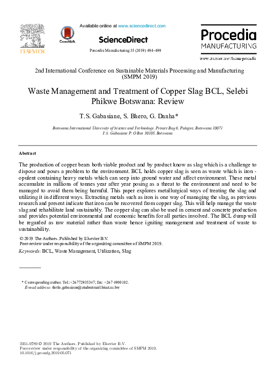 (PDF) Waste Management and Treatment of Copper Slag BCL, Selebi Phikwe ...