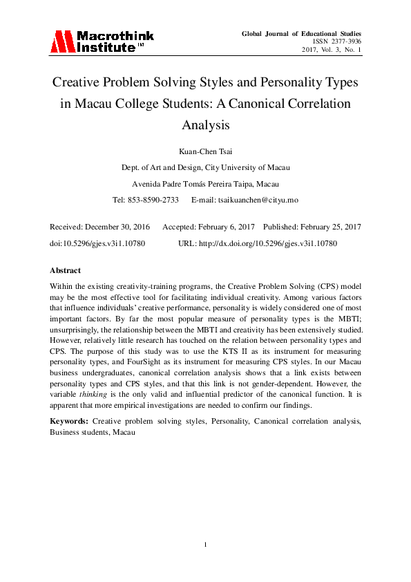 (PDF) Creative Problem Solving Styles and Personality Types in Macau ...