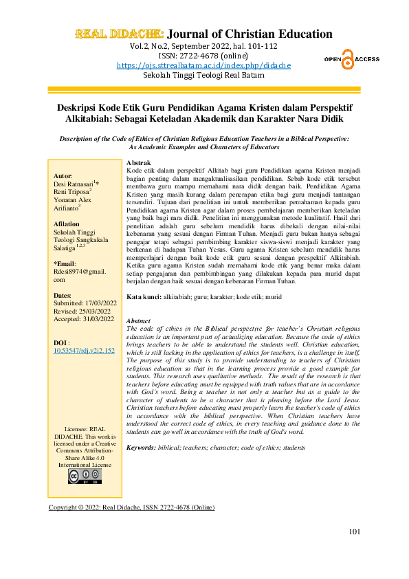 (PDF) Deskripsi Kode Etik Guru Pendidikan Agama Kristen dalam Perspektif Alkitabiah: Sebagai ...