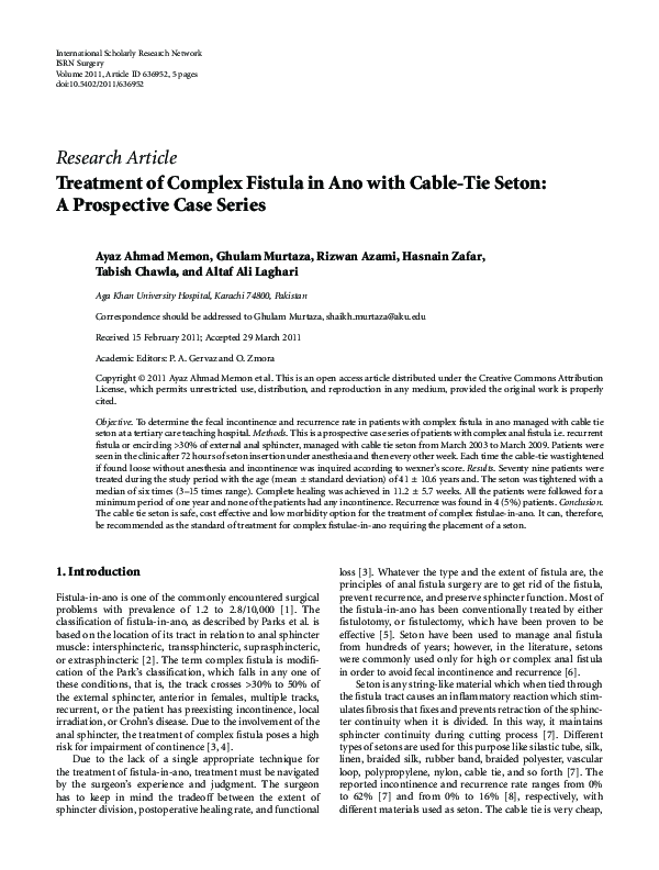 (PDF) Treatment of Complex Fistula in Ano with Cable-Tie Seton: A ...