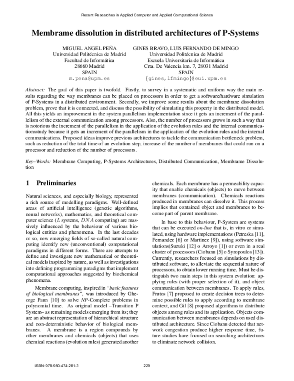 (PDF) Membrame dissolution in distributed architectures of P-systems | Miguel Pena - Academia.edu
