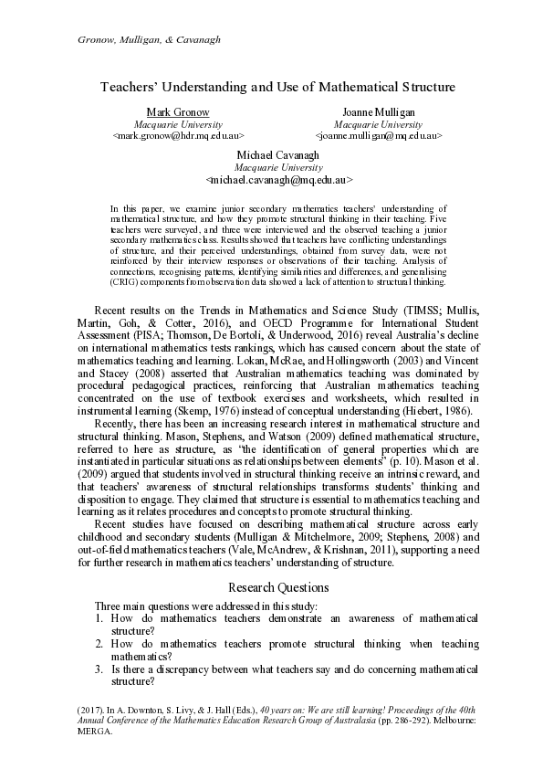 (PDF) Teachers’ understanding and use of mathematical structure