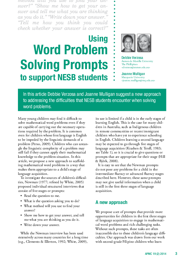 (PDF) Using word problem solving prompts to support NESB students
