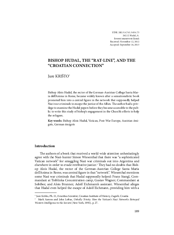 (PDF) Bishop Hudal, the “Rat-Line”, and the “Croatian Connection”