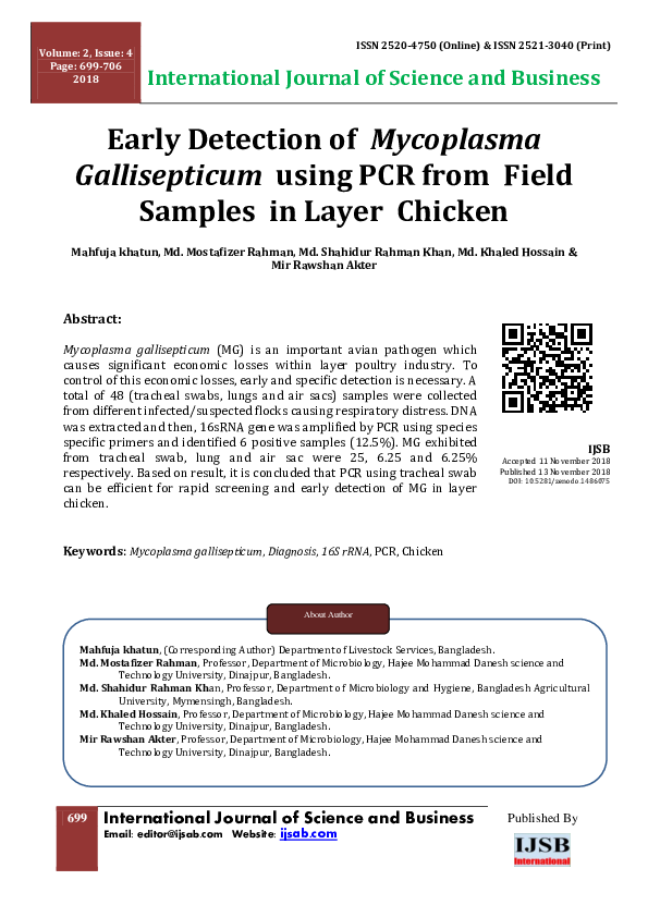 (PDF) Early Detection Of Mycoplasma Gallisepticum Using Pcr From Field ...