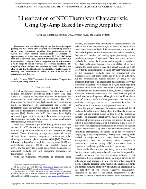 (PDF) Linearization of NTC Thermistor Characteristic Using Op-Amp Based ...