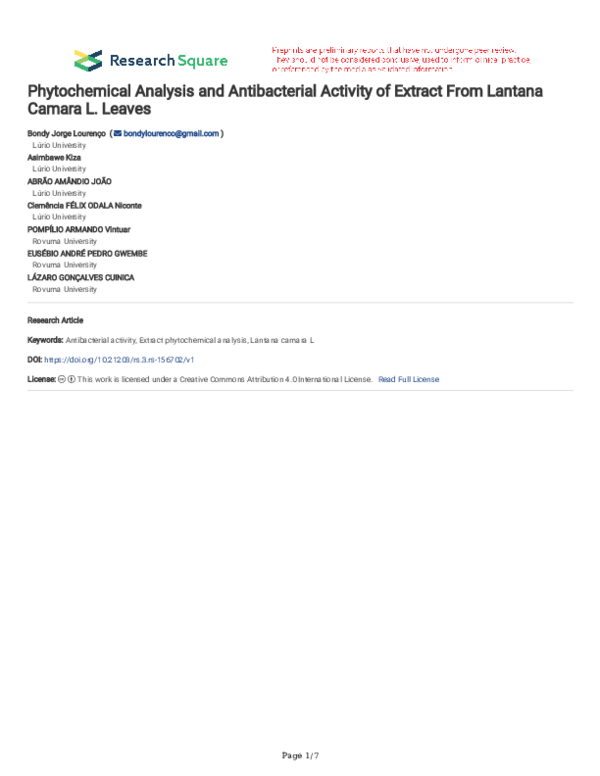 (PDF) Phytochemical Analysis and Antibacterial Activity of Extract From Lantana Camara L. Leaves ...