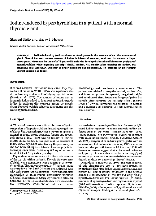 Pdf Iodine Induced Hyperthyroidism In A Patient With A Normal Thyroid