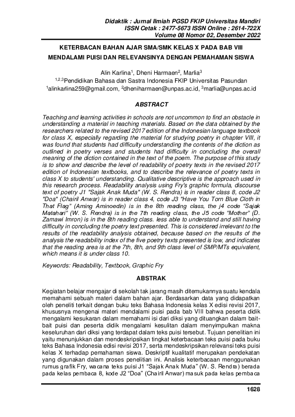(PDF) Keterbacan Bahan Ajar Sma/SMK Kelas X Pada Bab VIII Mendalami Puisi Dan Relevansinya ...