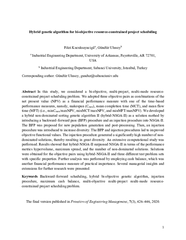 (PDF) Hybrid genetic algorithm for bi-objective resource-constrained project scheduling