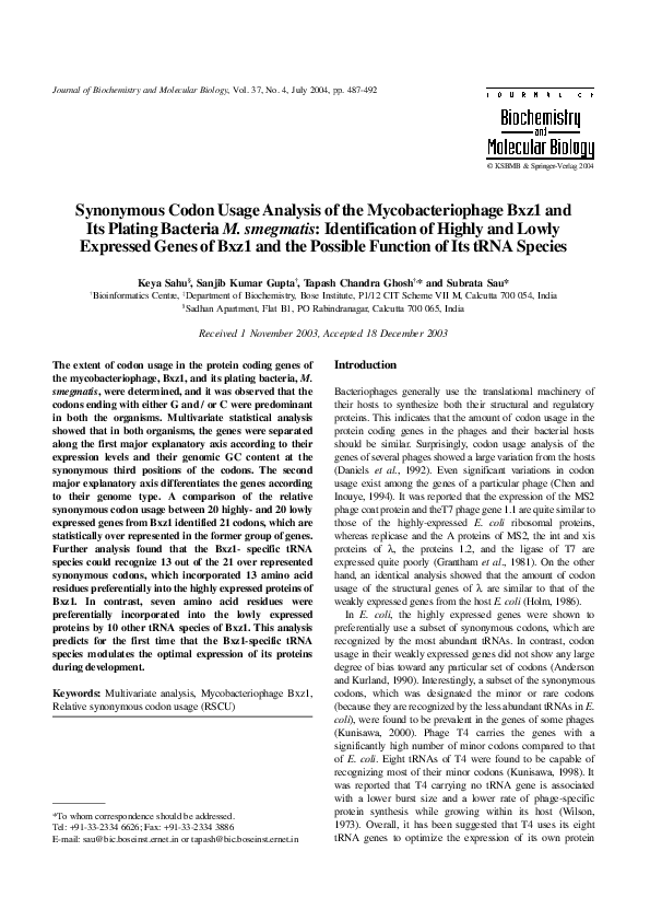 (PDF) Synonymous Codon Usage Analysis of the Mycobacteriophage Bxz1 and ...