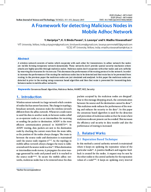Pdf A Framework For Detecting Malicious Nodes In Mobile Adhoc Network