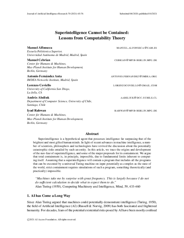 (PDF) Superintelligence Cannot be Contained: Lessons from Computability Theory
