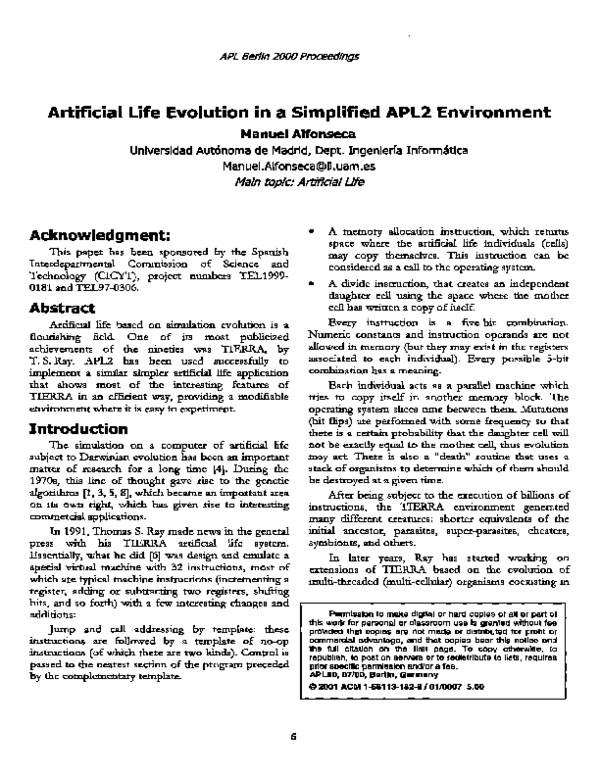 (PDF) Artificial life evolution in a simplified APL2 environment