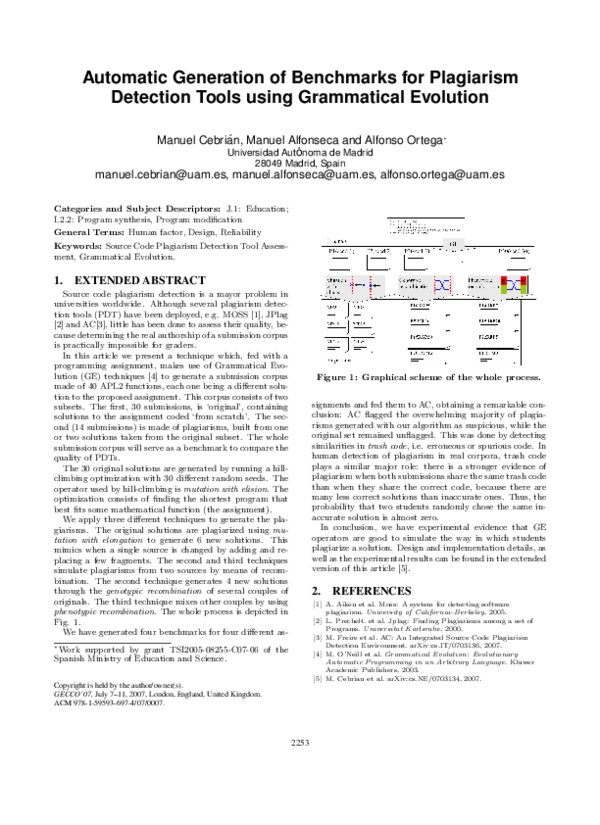 (PDF) Automatic Generation of Benchmarks for Plagiarism Detection Tools using Grammatical Evolution