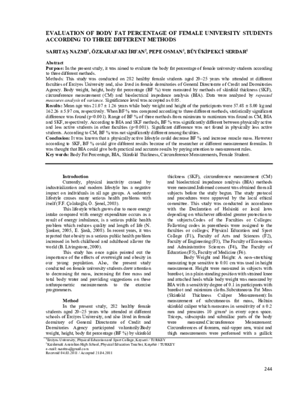 (PDF) Evaluation of Body Fat Percentage of Female University Students ...