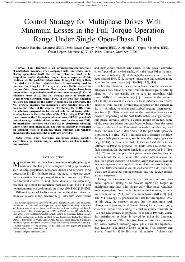 Pdf Control Strategy For Multiphase Drives With Minimum Losses In The Full Torque Operation