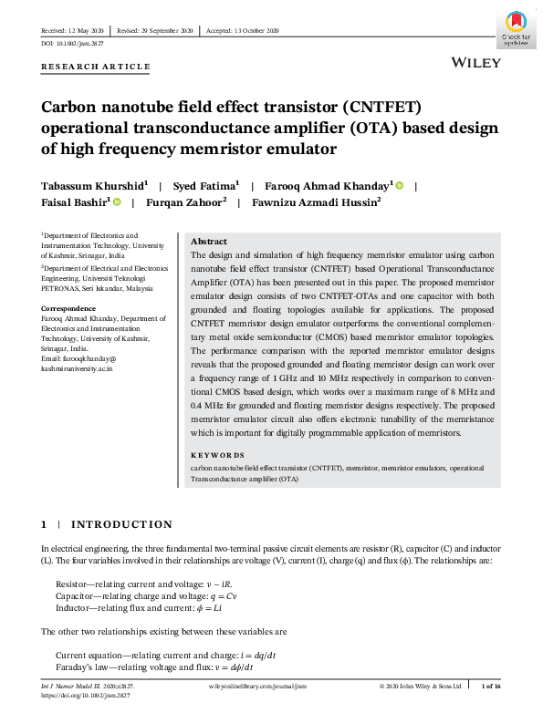 (PDF) Carbon nanotube field effect transistor ( CNTFET ) operational transconductance amplifier ...