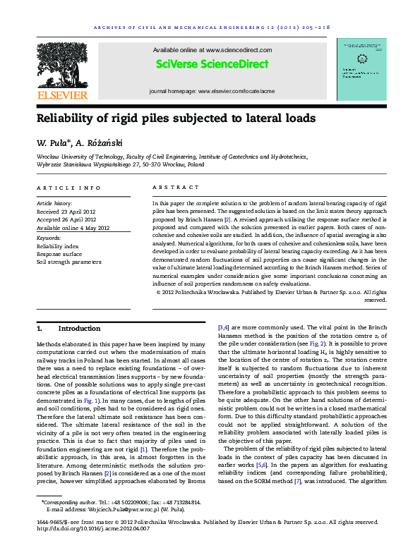 (PDF) Reliability of rigid piles subjected to lateral loads