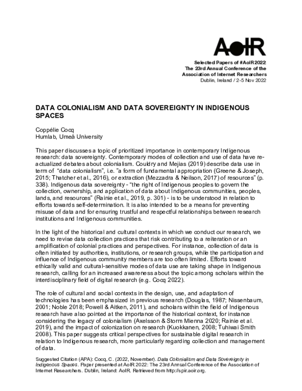 (PDF) Data Colonialism and Data Sovereignty in Indigenous Spaces