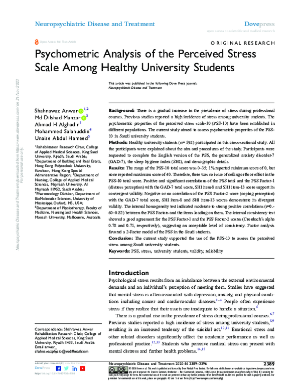(PDF) Psychometric Analysis of the Perceived Stress Scale Among Healthy University Students