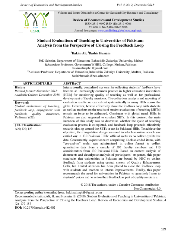 (PDF) Student Evaluations of Teaching in Universities of Pakistan: Analysis from the Perspective ...