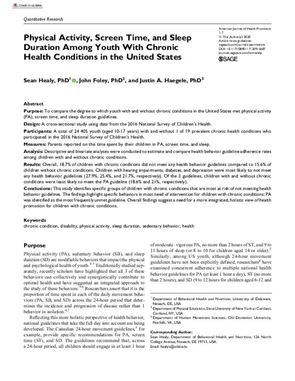 Pdf Physical Activity Screen Time And Sleep Duration Among Youth With Chronic Health