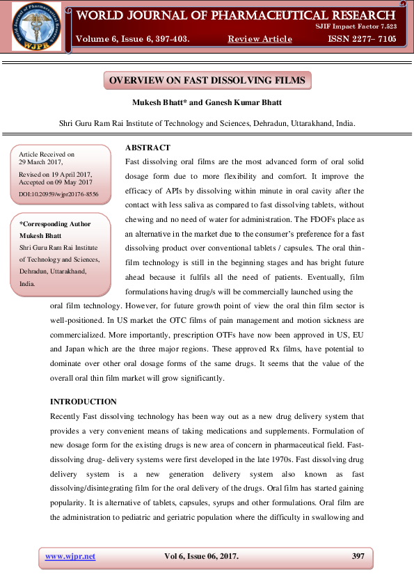 (PDF) Overview on Fast Dissolving Films