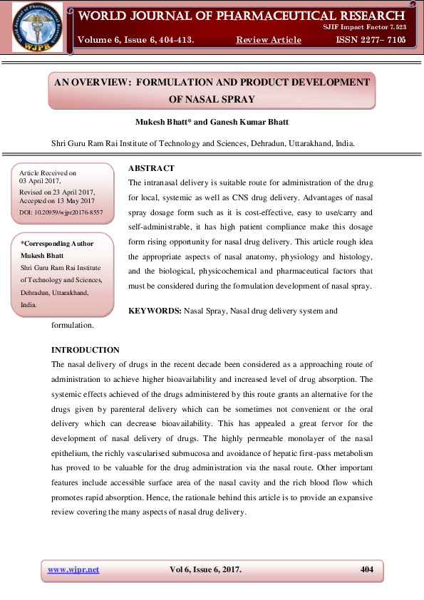 (PDF) An Overview: Formulation and Product Development of Nasal Spray