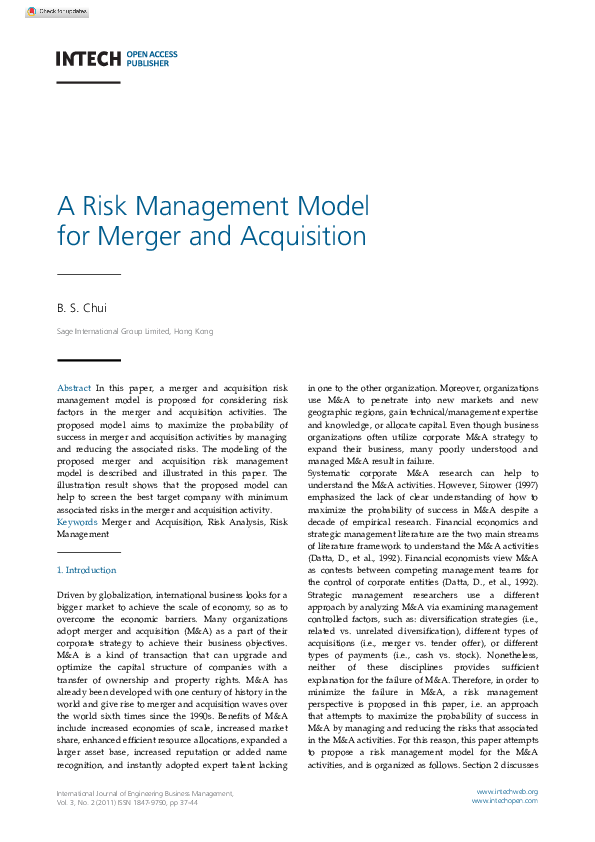 (PDF) A Risk Management Model for Merger and Acquisition