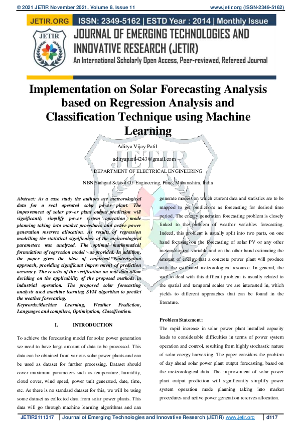 (PDF) Implementation on Solar Forecasting Analysis based on Regression Analysis and ...