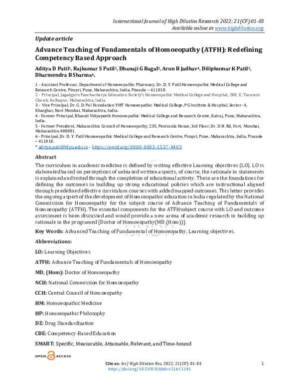 (PDF) Advance Teaching of Fundamentals of Homoeopathy (ATFH): Redefining Competency Based ...