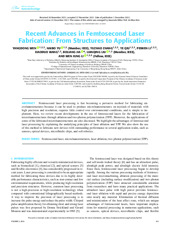 (PDF) Recent Advances in Femtosecond Laser Fabrication: From Structures to Applications