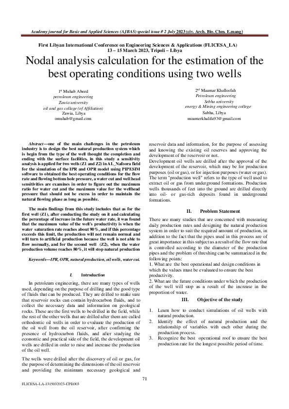 (PDF) Nodal analysis calculation for the estimation of the best operating conditions using two wells