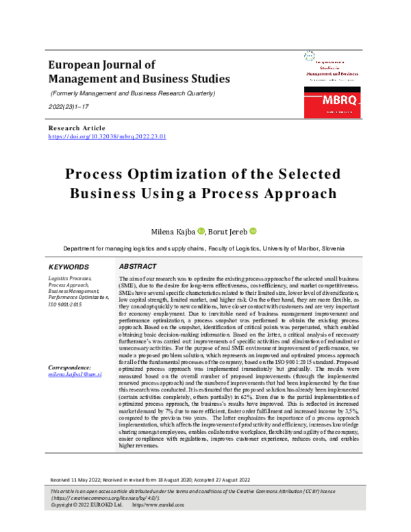 (PDF) Process Optimization of the Selected Business Using a Process Approach