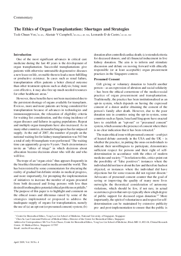 (PDF) The Ethics of Organ Transplantation: Shortages and Strategies