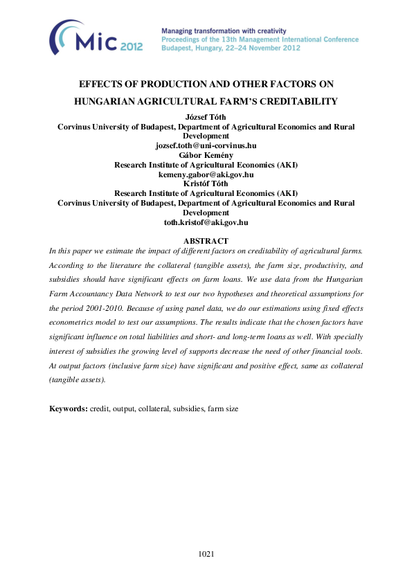 (PDF) Impact of Production Factors on Hungarian Farm Creditability