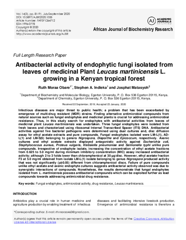 (PDF) Antibacterial activity of endophytic fungi isolated from leaves of medicinal Plant Leucas ...