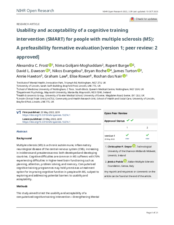(PDF) Usability and acceptability of a cognitive training intervention (SMART) for people with ...