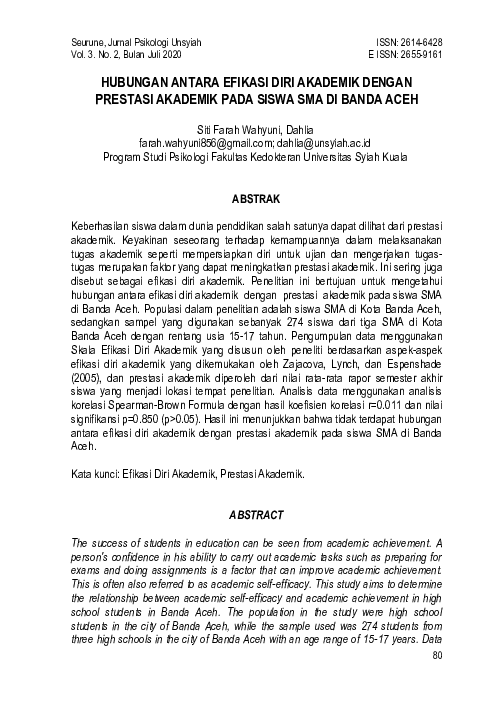 (PDF) Hubungan Antara Efikasi Diri Akademik Dengan Prestasi Akademik Pada Siswa Sma DI Banda Aceh