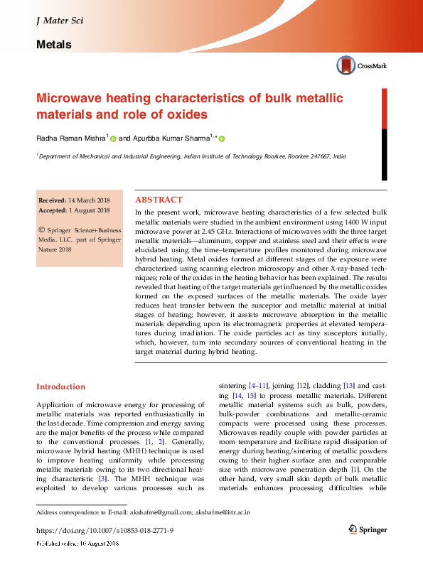 (PDF) Microwave heating characteristics of bulk metallic materials and ...